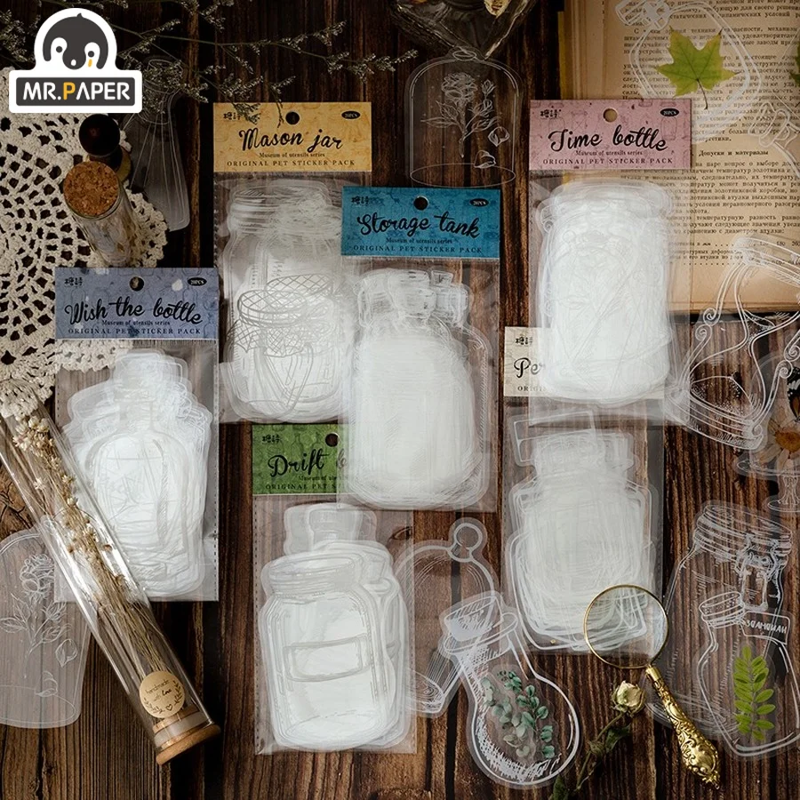 Mr. paper 귀여운 병 투명 스티커, 미적 DIY 핸드 계정 콜라주 재료, 장식 스티커, 20 개/가방 ...