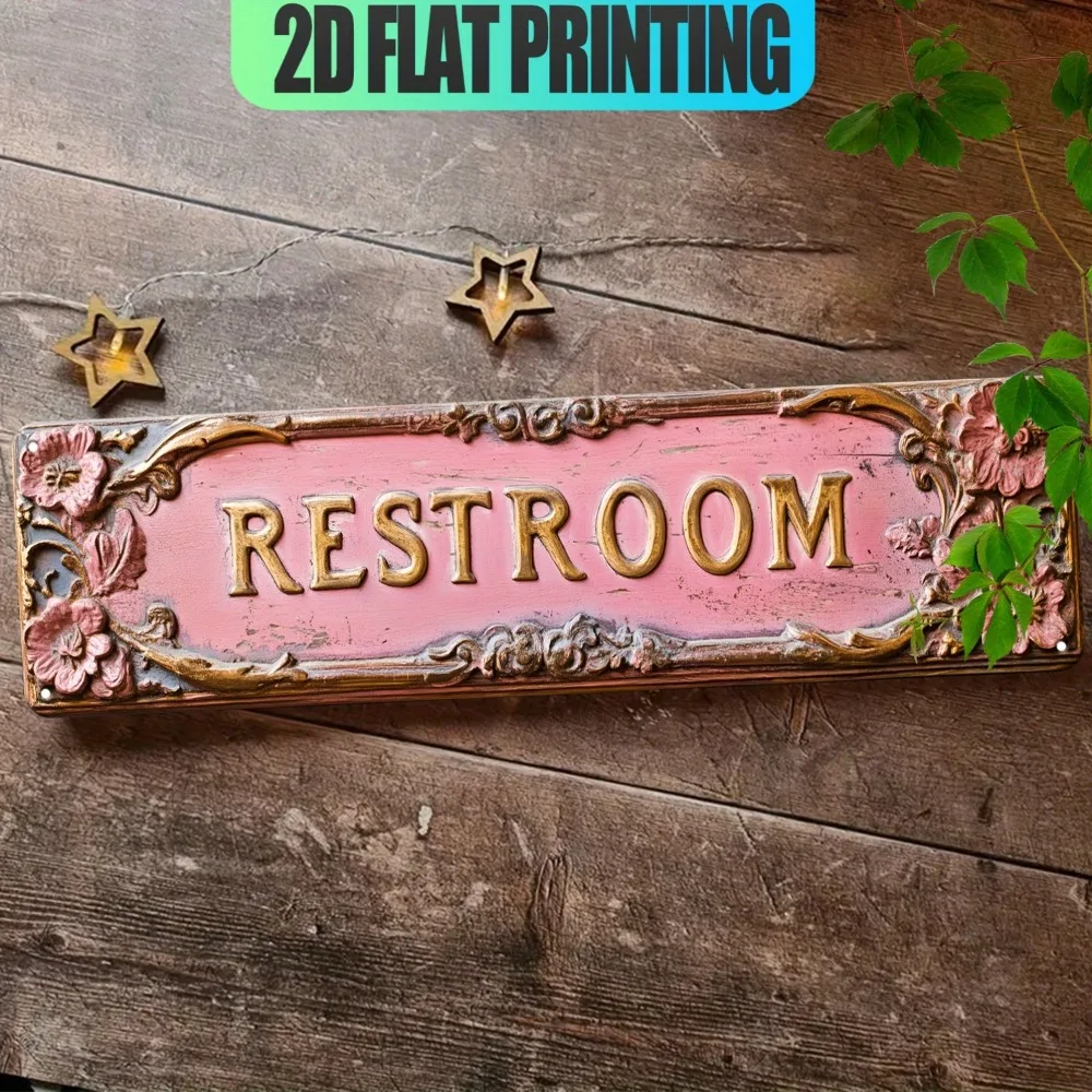 "Vintage 'RESTROOM' Rustic Aluminum Sign | Floral Accents Wall Art ...