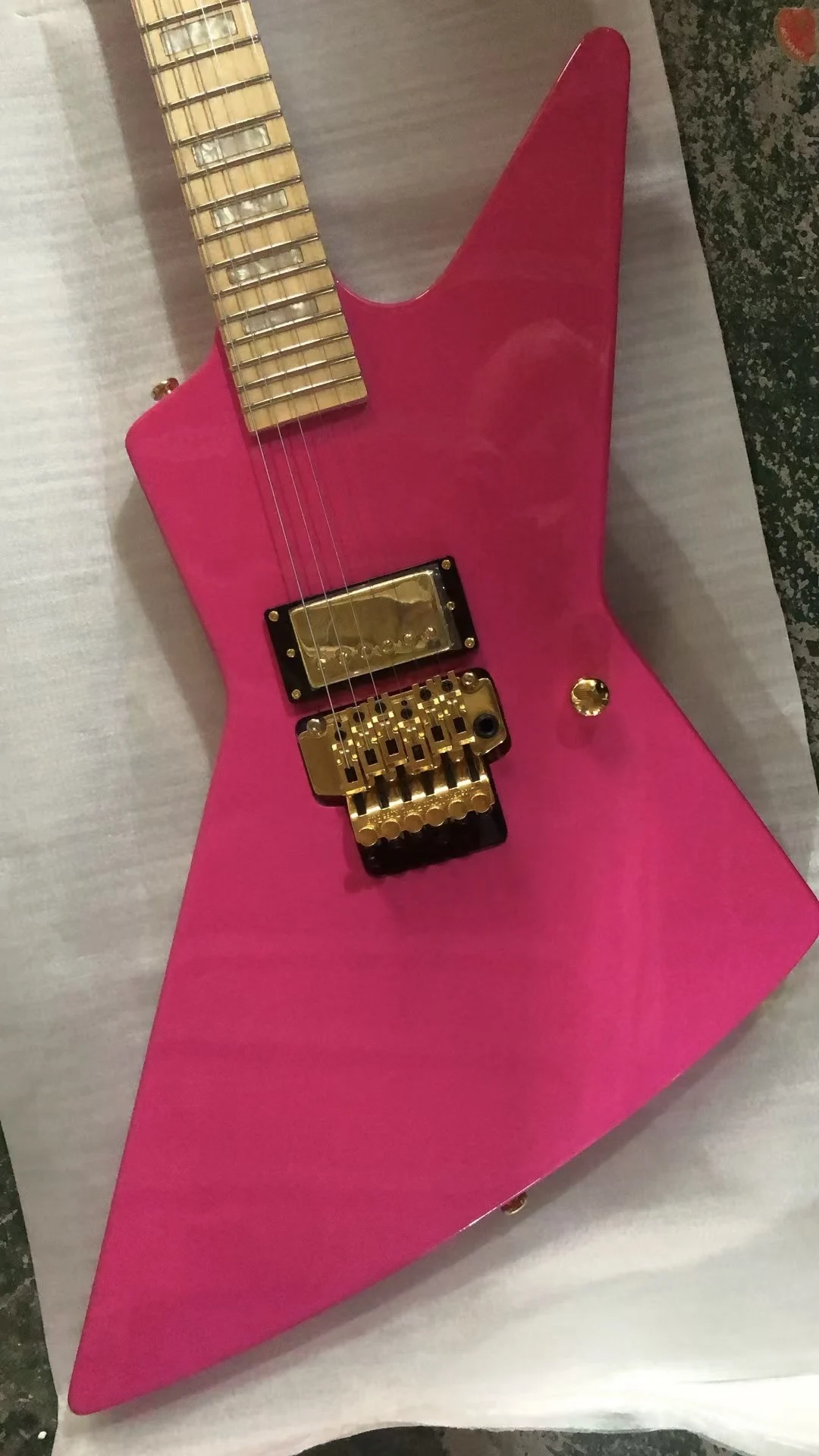 Custom-Pink-6-Strings-Electric-Guitar-Inlays-White-Pearl-Block-Gold ...
