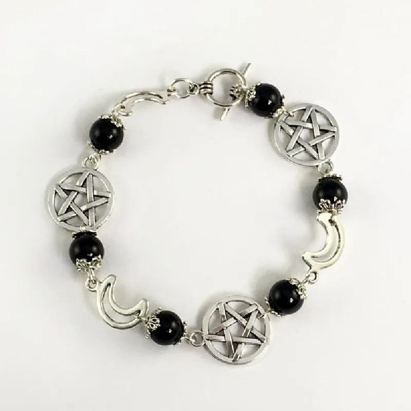 New-Goth-Halloween-Black-Onyx-Pentacle-Charm-Bracelet-Gothic-Punk-Pagan ...