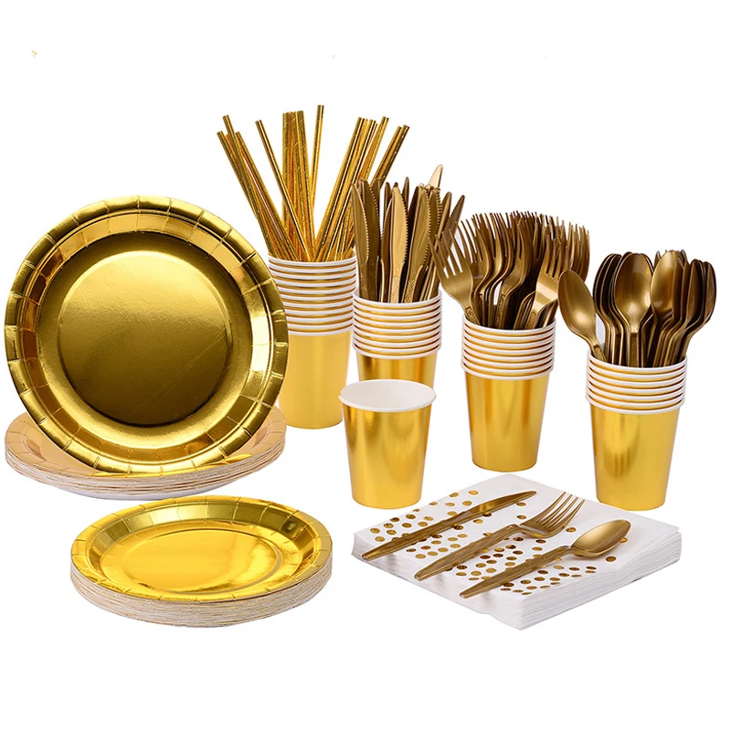 145pcs-set-Gold-Wedding-Party-Party-Set-Baby-shower-Disposable ...