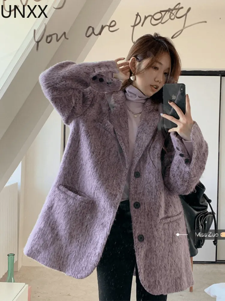 UNXX Purple Women Slim-Fit Blazers Winter Woolen Chic Mujer Office Lady ...