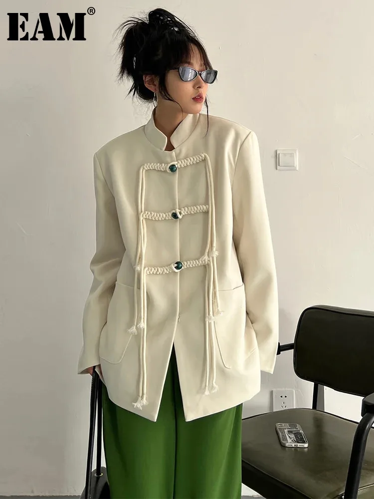 EAM-Women-White-Buckle-Big-Size-Blouse-New-Stand-Collar-Long-Sleeve ...