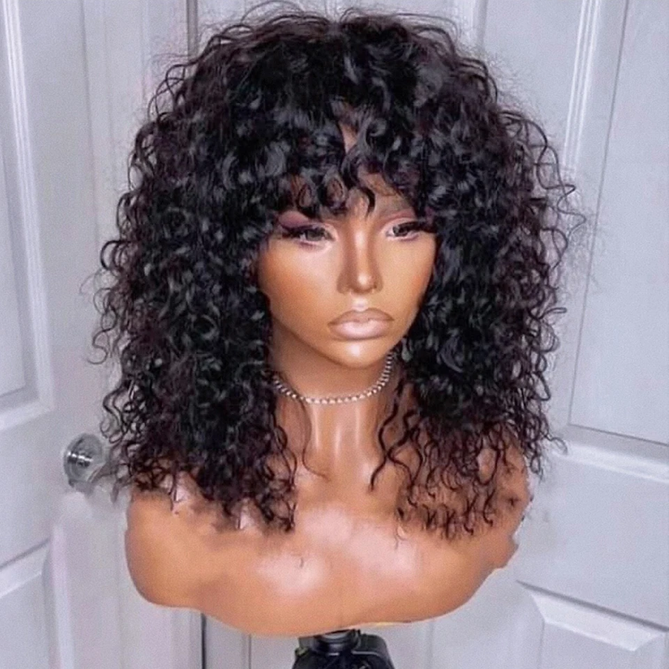 100 Human Hair Wigs With Bangs Short Curly Wig Full Machine Made Bob