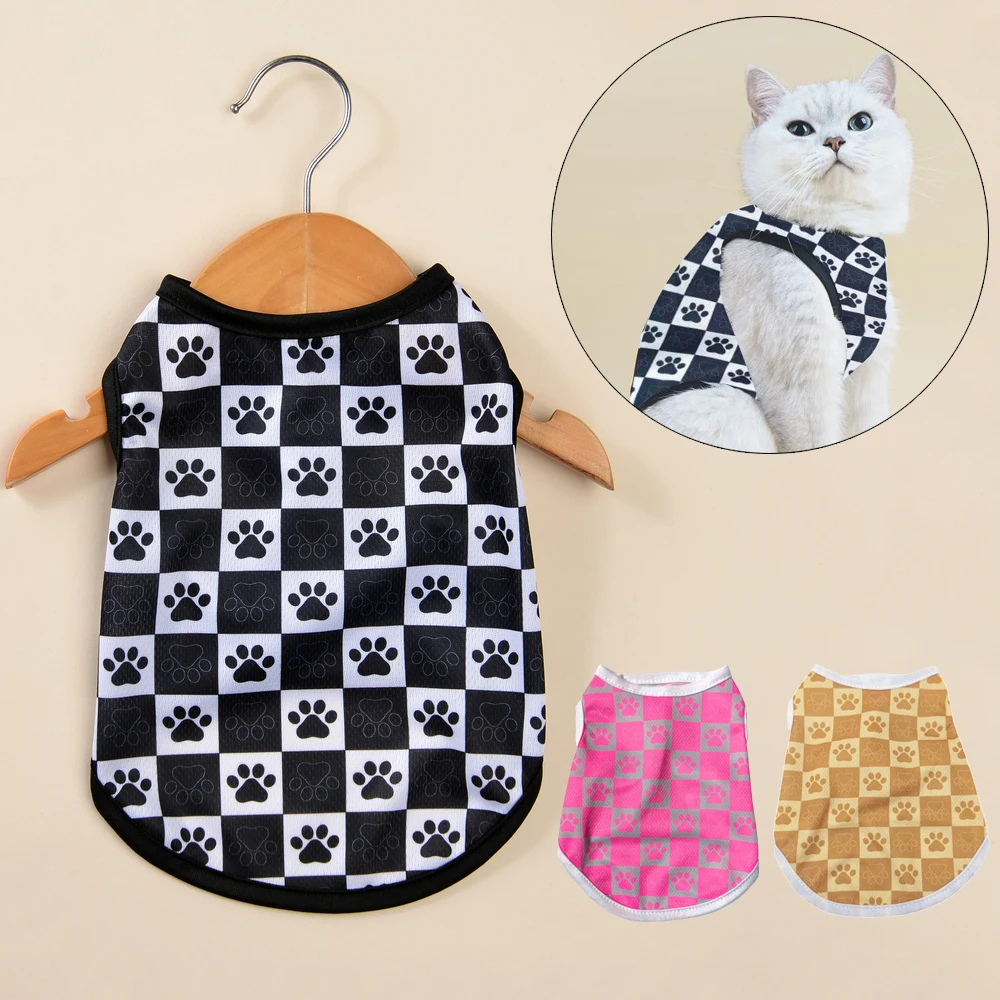 Summer Cat Vest T-shirt Mesh Breathable Paw Print Sphynx Clothes For ...