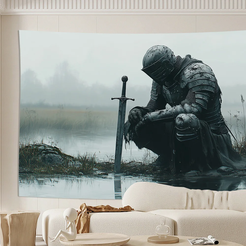 3D Knight Kneeling Wall Tapestry - Medieval Knight with Sword, Vintage ...