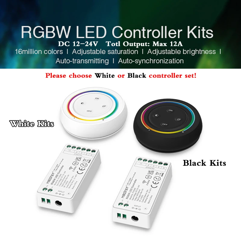 DC 12V 24V RGBW LED Controller + Black/White Round Rainbow Remote;2.4G ...