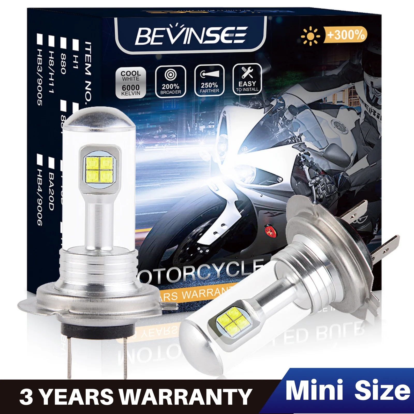 Bevinsee-H7 LED farol bulbo para Moto, único feixe, H11 Fanless CSP, motocicleta farol para ...