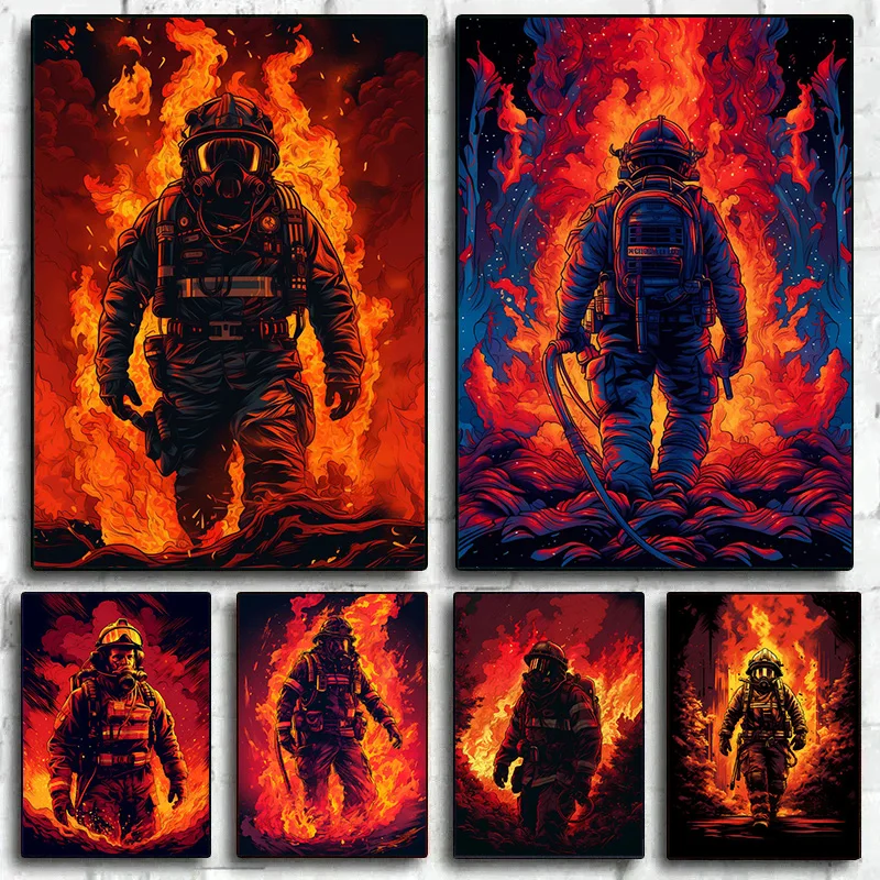 Abstract-Firefighter-Flame-Fire-Fireman-Canvas-Painting-Heros-Wall-Art ...