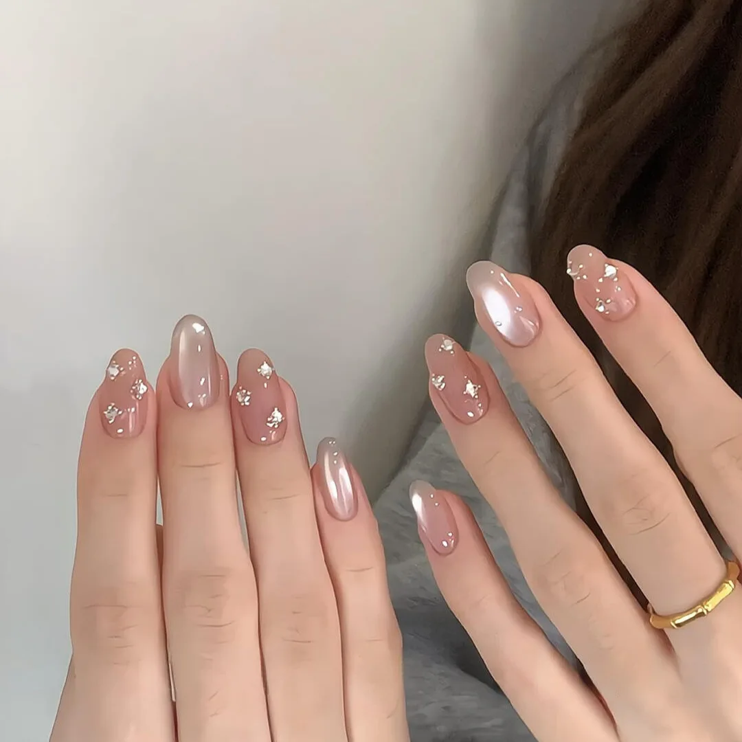10Pcs Sweet Handmade Press on Nails LightPink Cat Eyes Oval Fake Nails ...