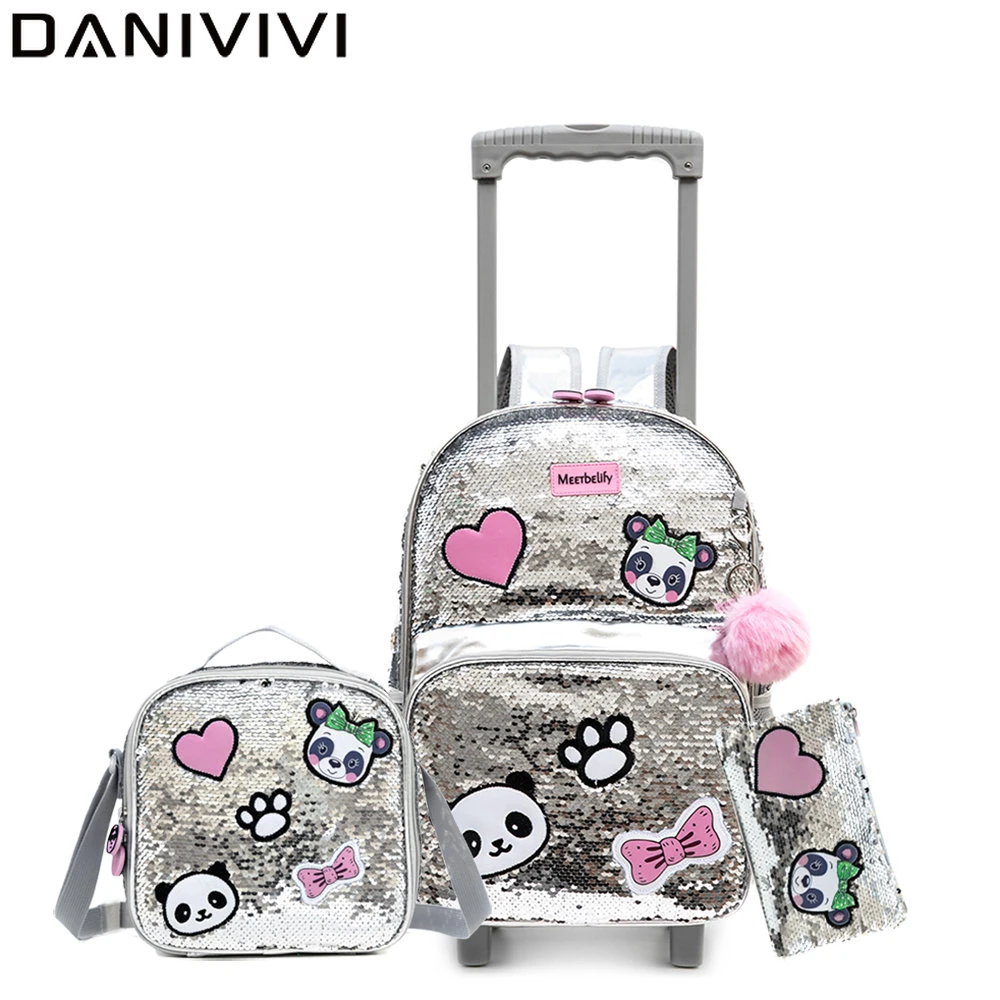 School Bags for Girls with Wheels Girls Rolling Backpack Sequin ...
