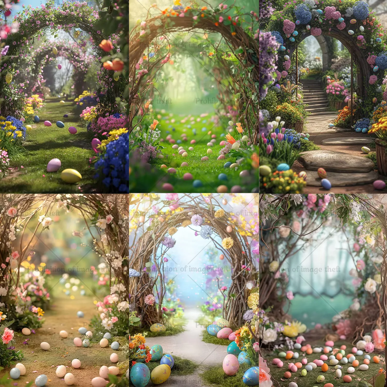 Easter Fantasy Theme Background Green Arches Path Colorful Eggs Party ...