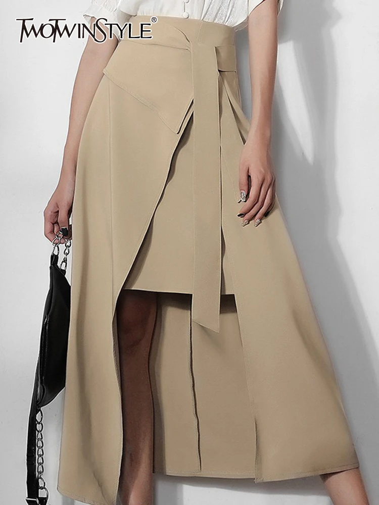 TWOTWINSTYLE-Asymmetrical-Split-Skirts-For-Women-High-Waist-Solid ...