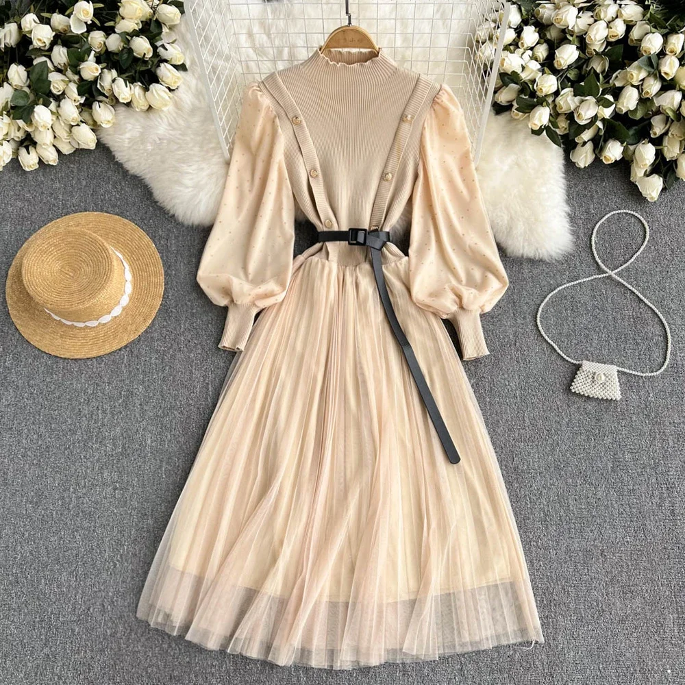 Elegant-Lantern-Long-Sleeve-A-line-Mesh-Patchwork-Knit-Dress-Women ...