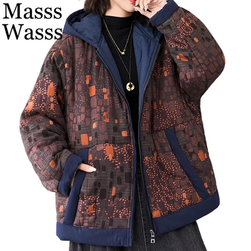 Masss Wasss Korean Winter 2025 Printed Warm Parkas Womens Vintage ...