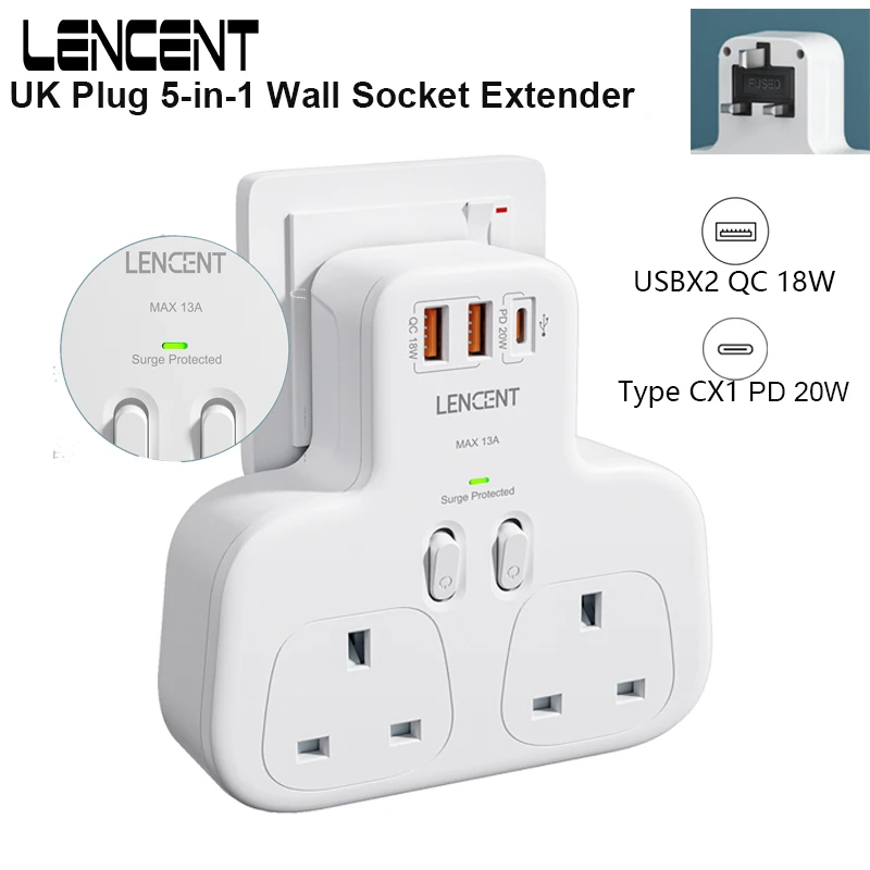 LENCENT-UK-Plug-Wall-Socket-Extender-with-2AC-Outlets-PD-20W-USB-C-2 ...