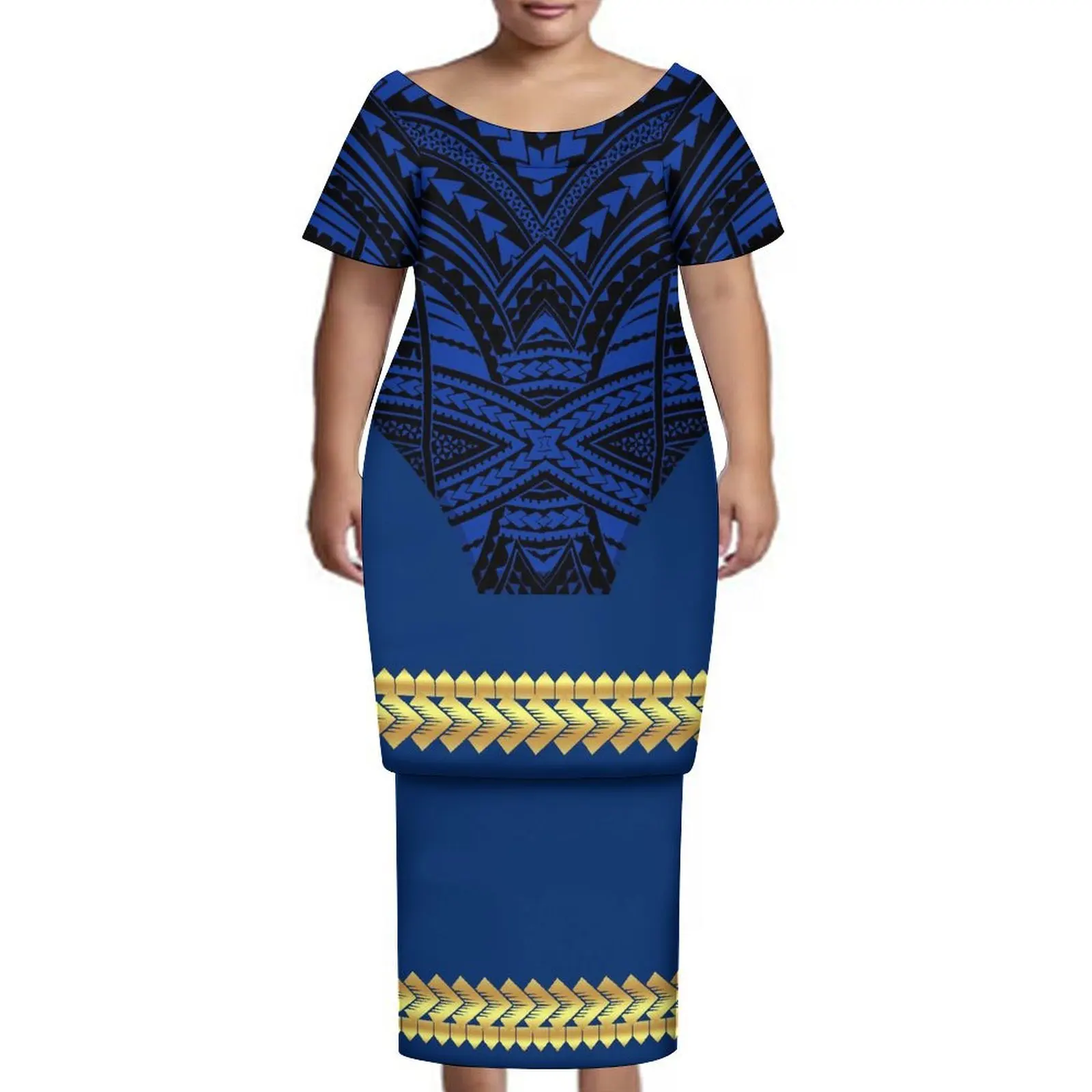 Hawaiian Island Style Women'S Round-Neck Puletasi Top And Long Dress ...