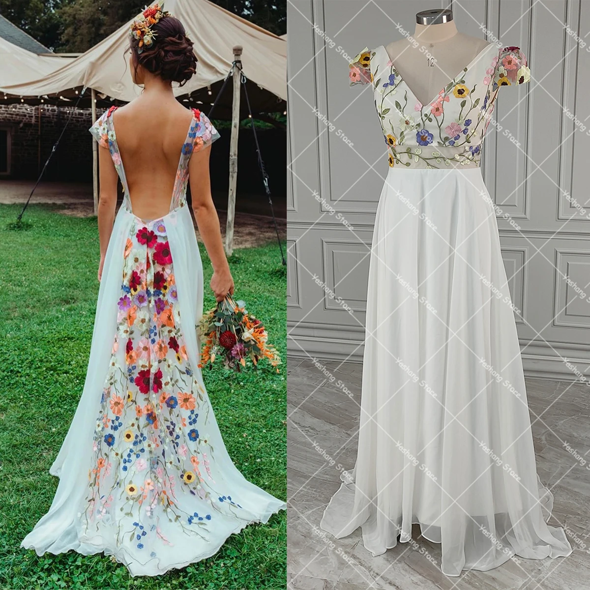 Deep-Open-Back-Colorful-3D-Flowers-Wedding-Dress-Cap-Sleeves-V-Neck ...