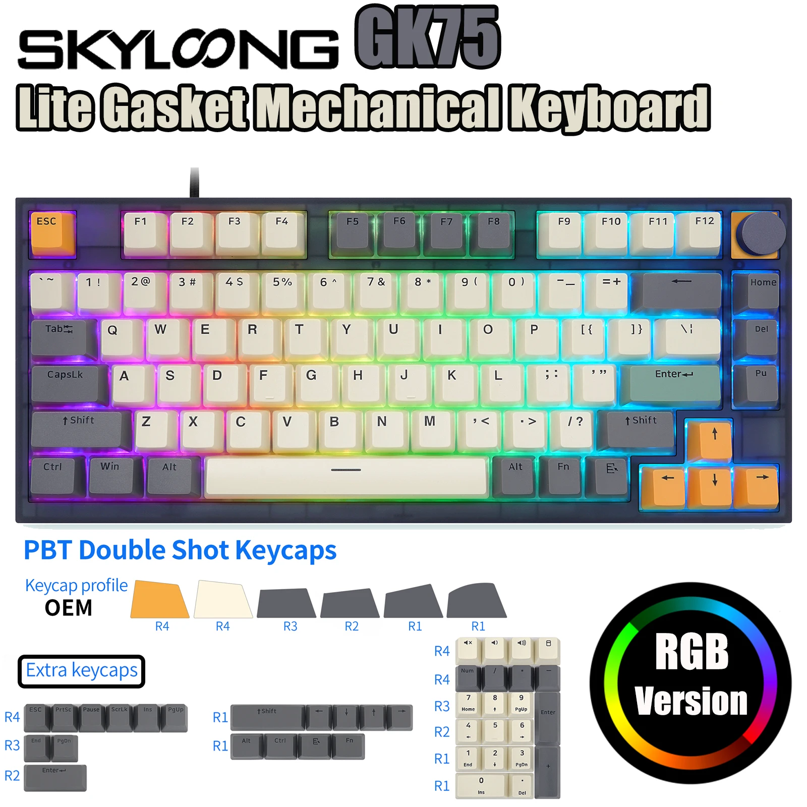 Skyloong GK75 기계식 키보드 RGB 핫 스왑 가능 광학 노란색 스위치 노브 PBT 키 캡, 유선 75% 라이트 가스켓 ...