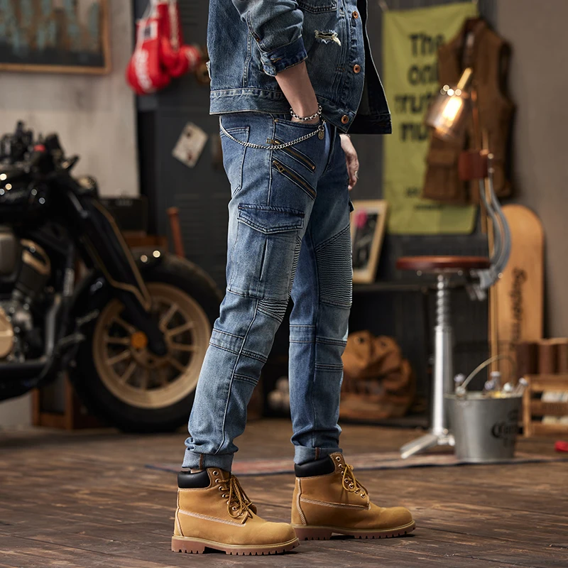 Men-s-Stitching-Pleated-Cargo-Jeans-Locomotive-Style-Fashion-Casual ...