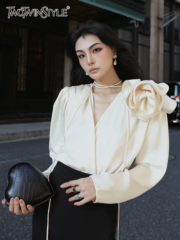 TWOTWINSTYLE-Patchwork-Appliques-Shirts-For-Women-V-Neck-Long-Sleeve ...