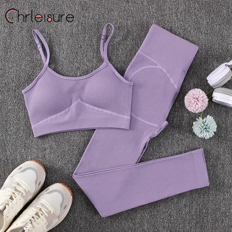 Chrleisure Yoga Women Set Ribbed Fitness Tight Bra Set Solid High Waist