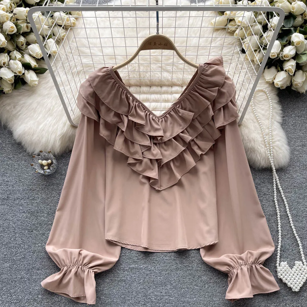 Autumn Chiffon Cascading Ruffled Puff Sleeve Blouse for Women Khaki ...