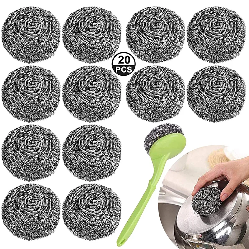 20Pcs Steel Wire Ball Brush with Handle Pot Cleaning Brush Dishwashing ...