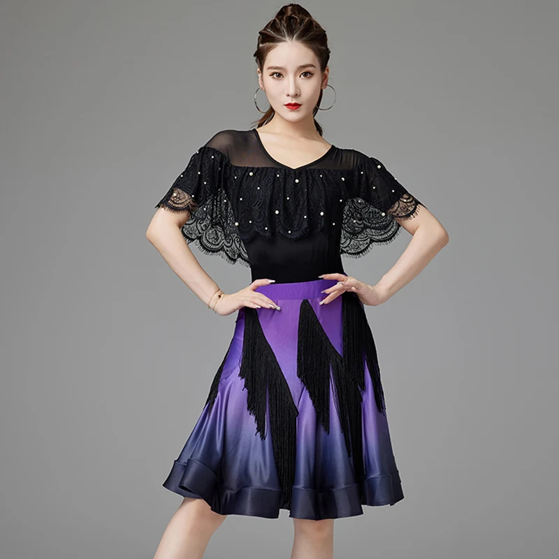 Latin-Dance-Clothes-For-Women-Short-Sleeved-Top-Tassel-Gradient-Skirts ...