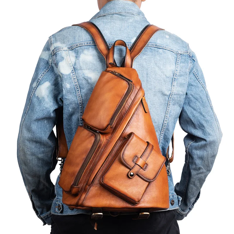 New-Fashion-Men-s-Leather-Single-Shoulder-Backpack-Real-Cowskin-Chest ...