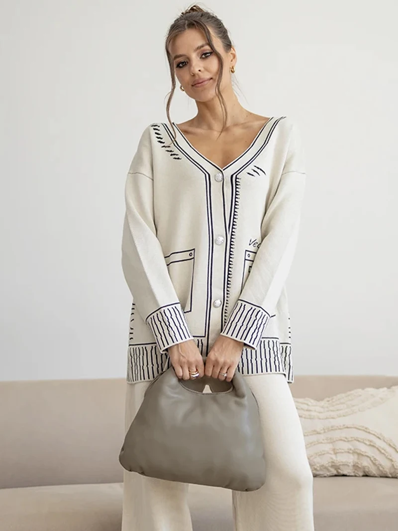 Casual-Knit-Two-Piece-Set-Handpainted-Loungewear-Cardigan-Pants-Knitted ...