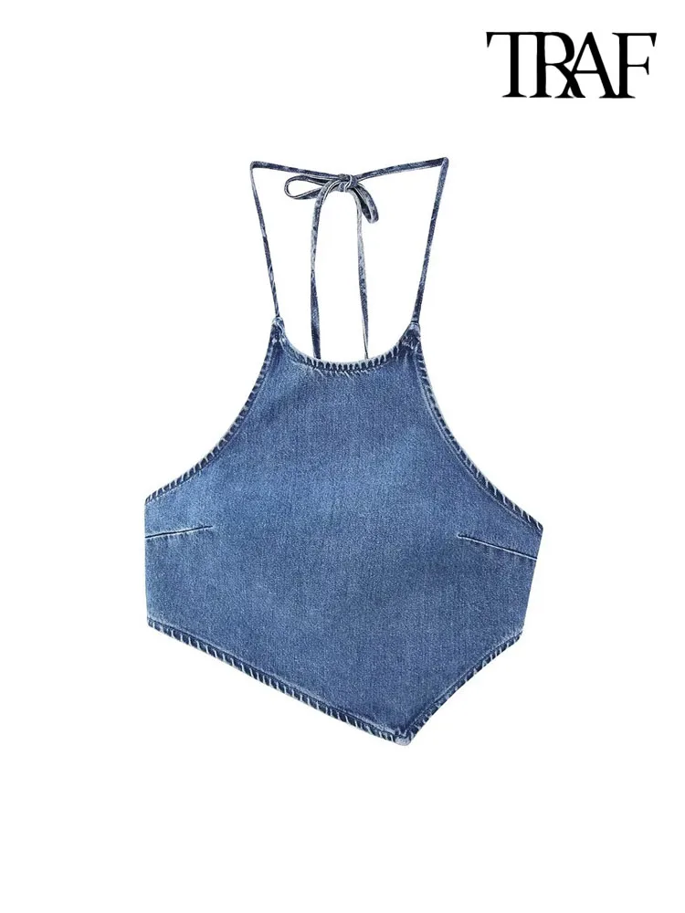 Traf Women Fashion Cropped Denim Halter Tank Tops Sexy Backless With ...