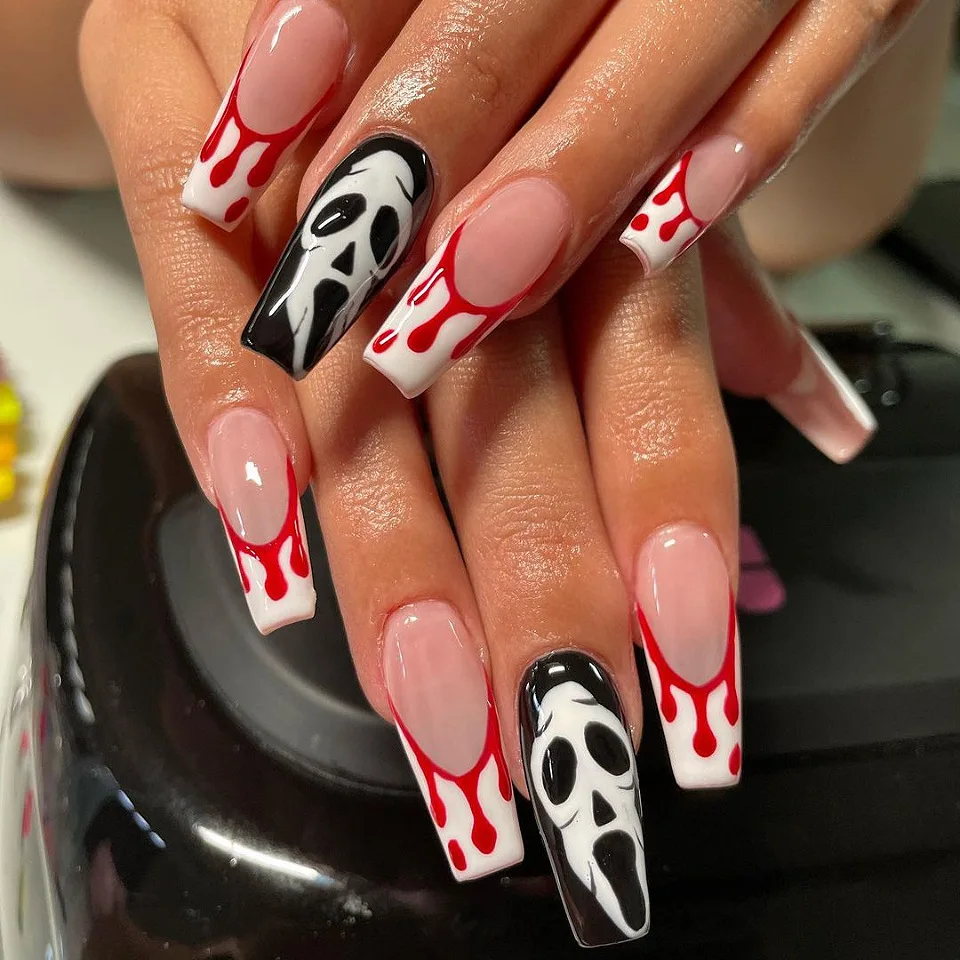 Halloween Press on Nails Long Fake Nails Coffin Acrylic Nails Ghost ...