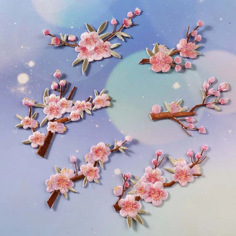 Peach-Blossom-Branch-Embroidery-Patches-Cloth-Stickers-Iron-On-Patch ...