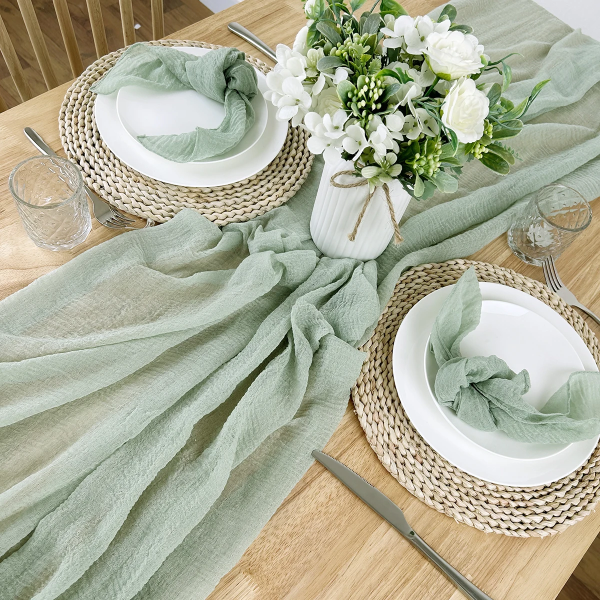 Chemin-de-Table-Vert-Sauge-Nappe-Boho-Tissu-Gaze-pour-Patients-D ...