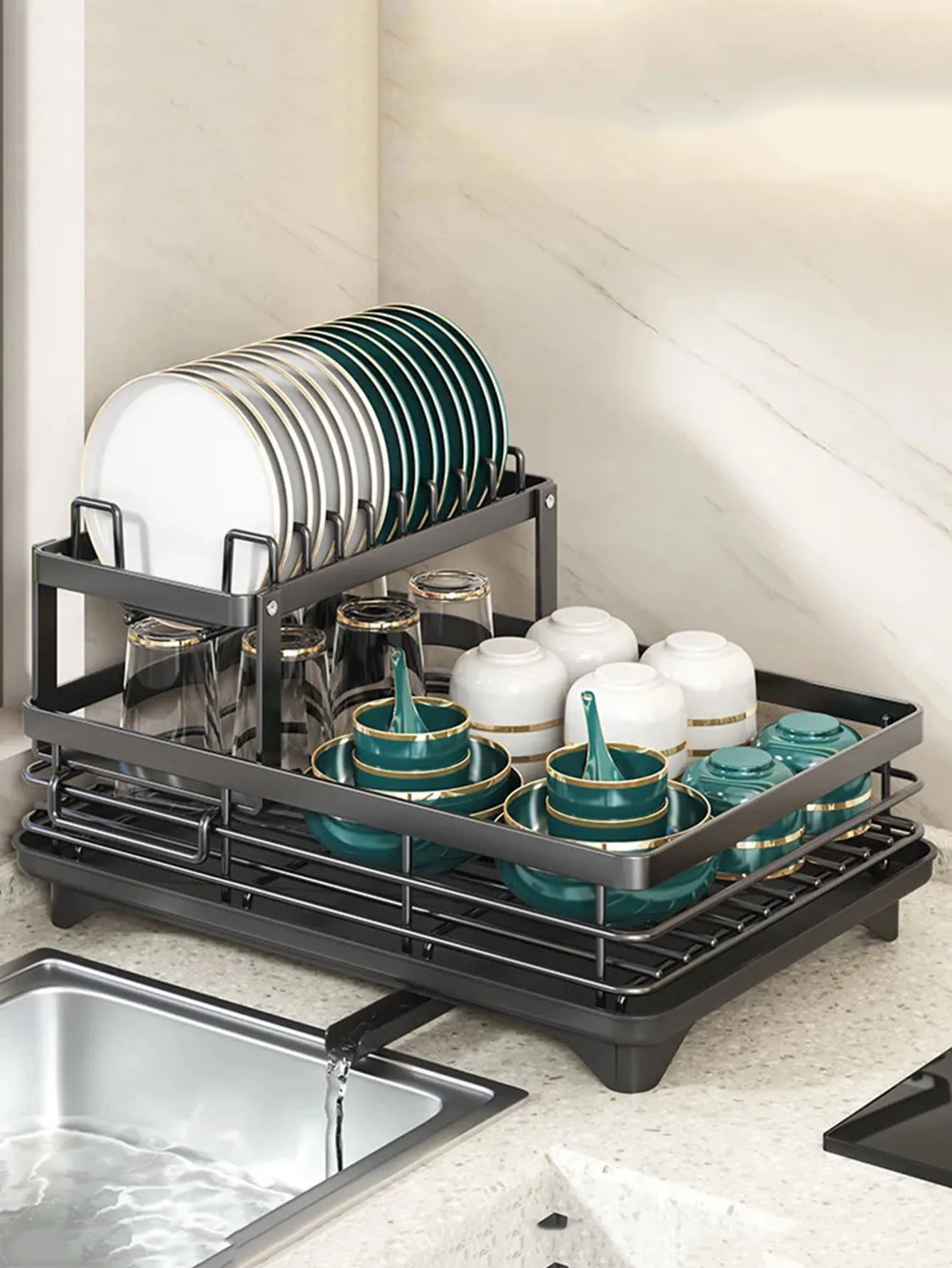 Dish-Bowl-Drying-Rack-with-Drainboard-Countertop-Dinnerware-Organizer ...