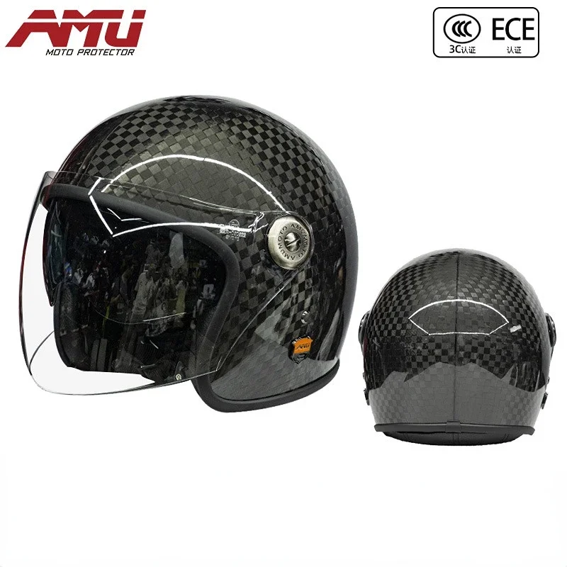 AMU-Motorcycle-Dual-Mirror-Head-Helmet-Carbon-Fiber-Half-Helmet-Retro ...