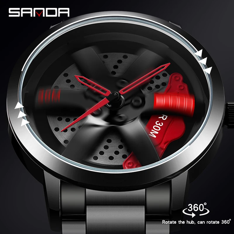 SANDA-1075-Men-Fashion-Car-Wristwatch-360-Degree-Rotating-Wheel-Rim-Dial-Watches-Stainless ...