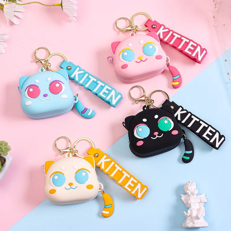 Cute Big Eyes Cat Silicone Coin Purse With Keyring Kawaii Kids Coin Bag ...