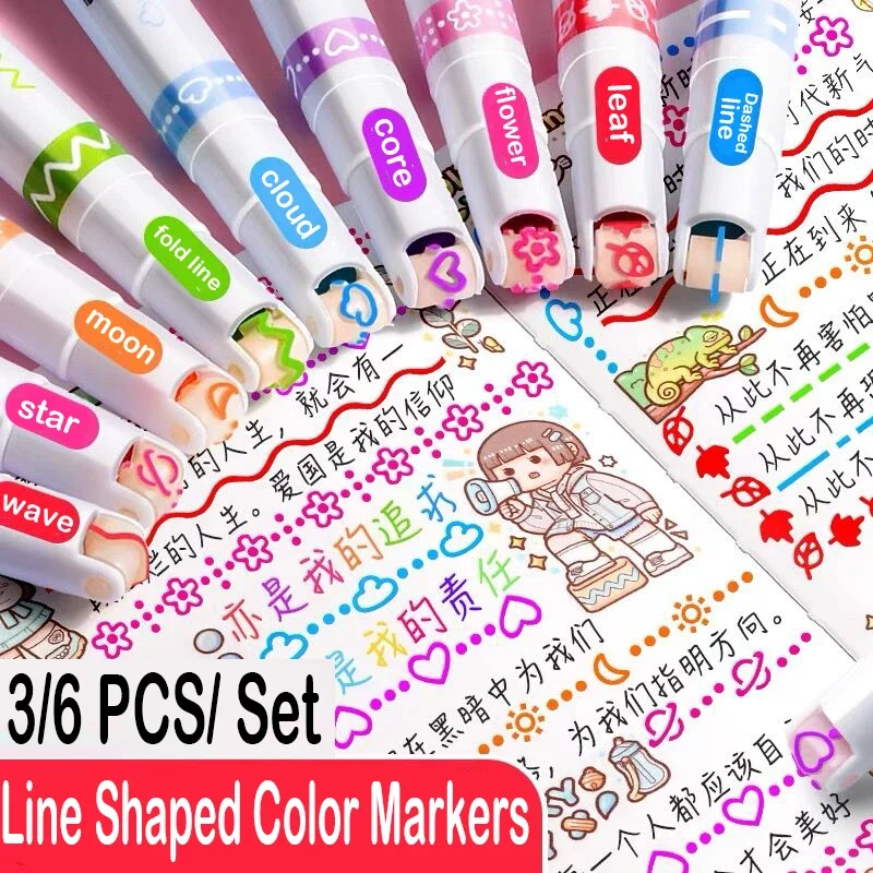 3-6Pcs-set-Kawaii-Flowers-Line-Shaped-Highlighter-Pens-Roller-Tip-Curve ...