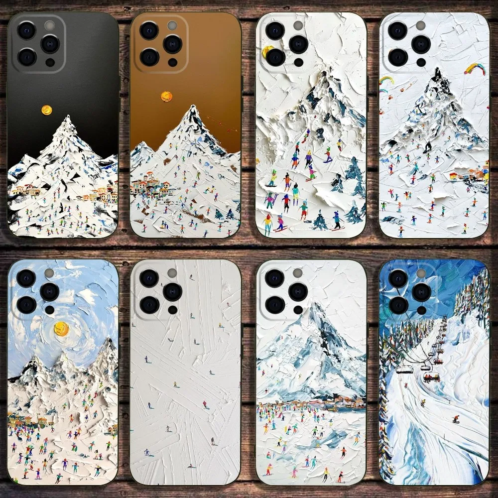 Snow Mountain Skiing Oil Painting Phone Case For iPhone 16,15,14,13,12 ...
