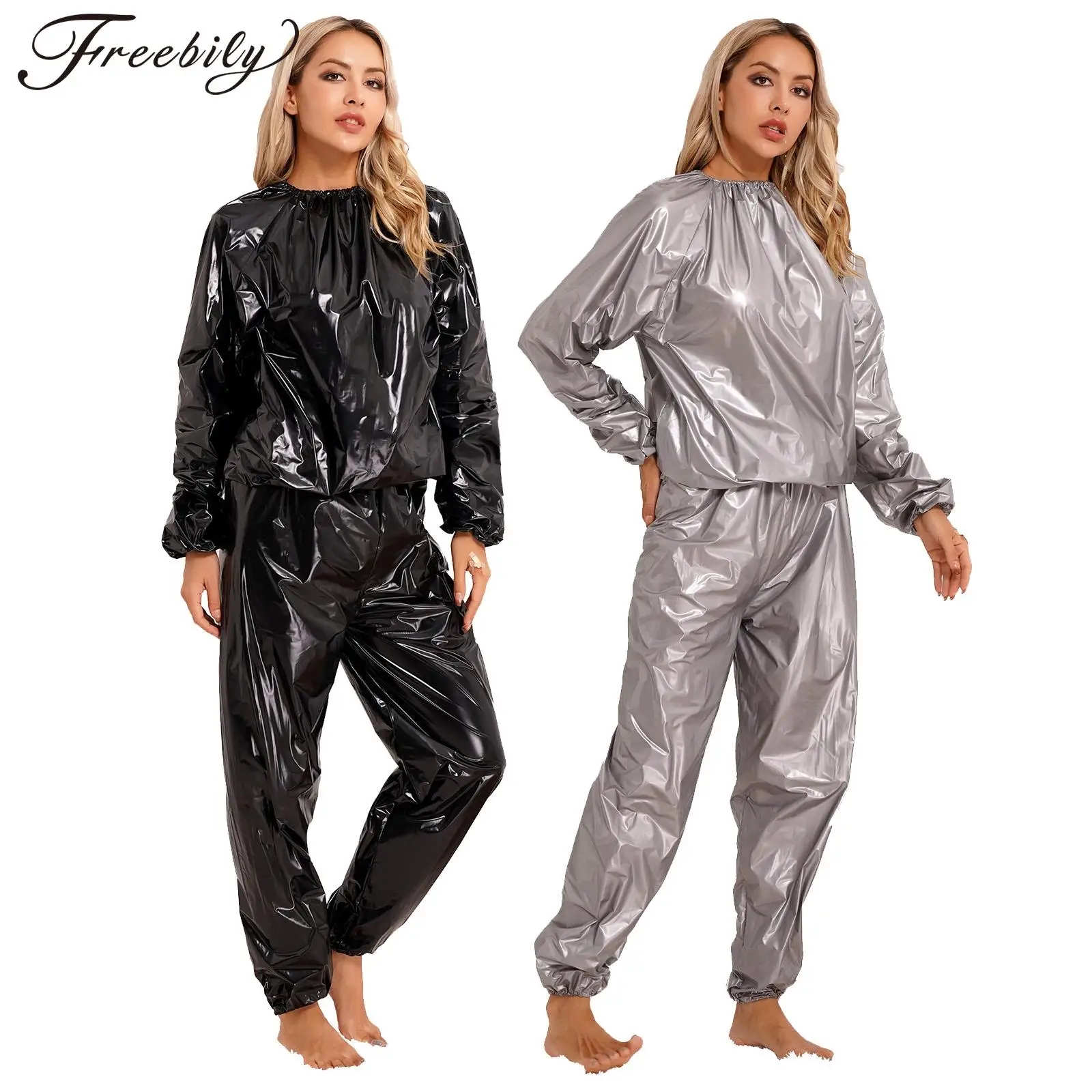 Mens-Womens-Sweat-Sauna-Suit-Long-Sleeve-PVC-Tops-Pants-Set-Weight-Loss ...