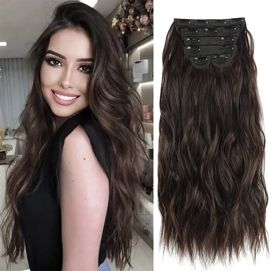 Wavy clip-on synthetic hair extensions