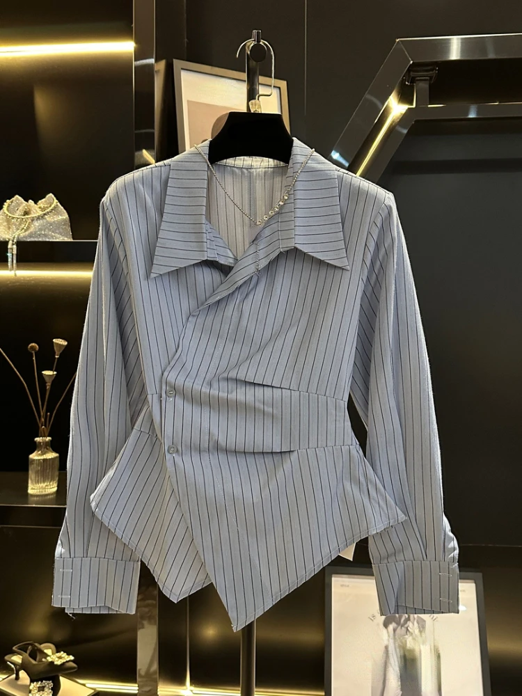 French Design Shirts for Women Striped Irregular Folds Long Sleeve All ...