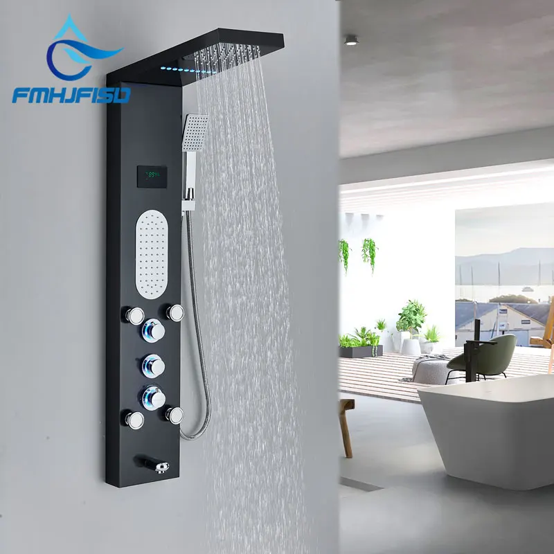 Black LED Light Shower Panel Bathroom Shower Column System Temperature ...