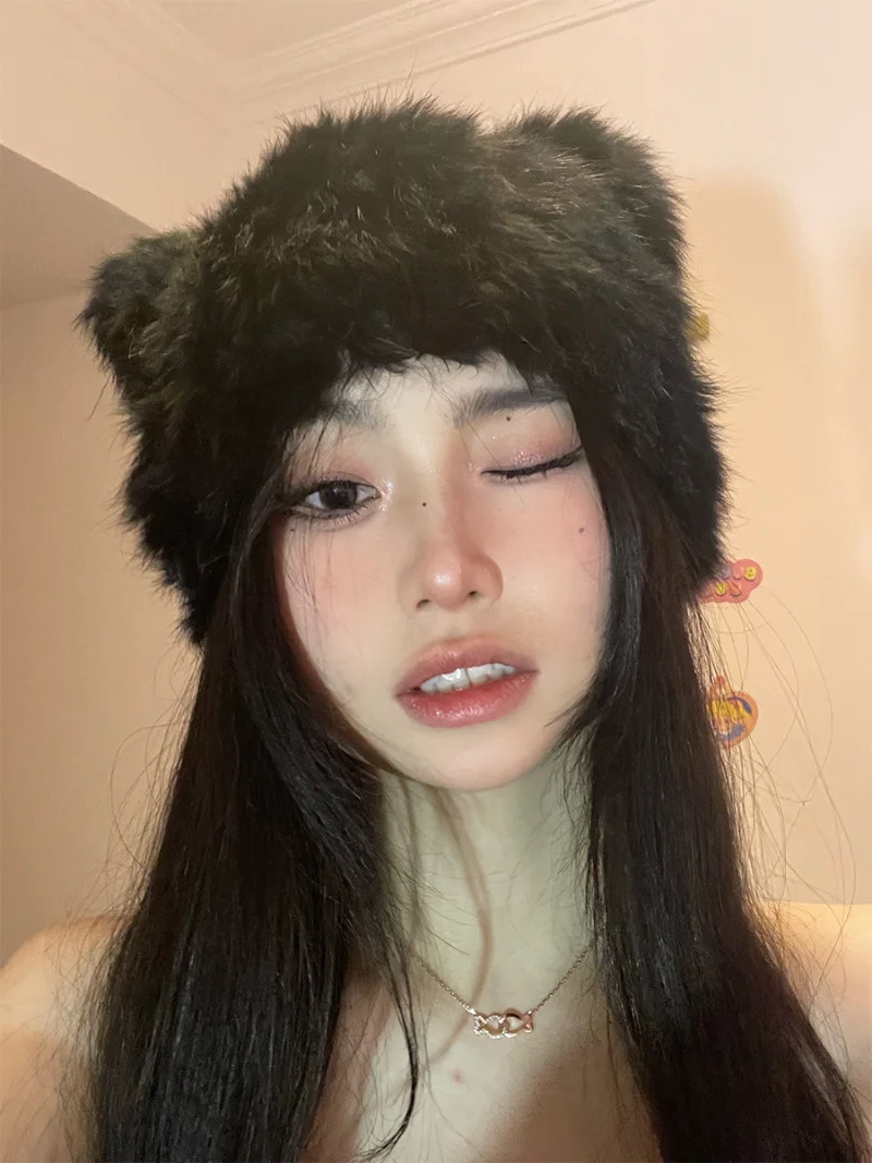 Black-bear-ears-rabbit-fur-hat-cute-plush-wrap-head-cap-cold-warm-fur ...
