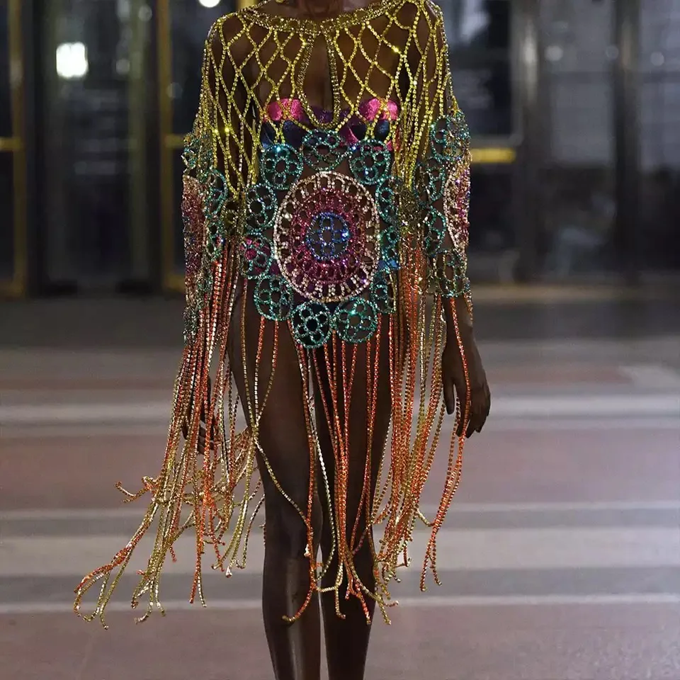 Colorful Hollow Crystal Body Chain Stage Costume Long Tassel Lingerie ...
