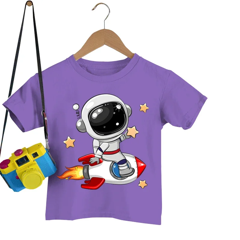 Astronaut-on-The-Rocket-Print-T-Shirts-Kids-Short-Sleeve-Tshirt-Cartoon ...