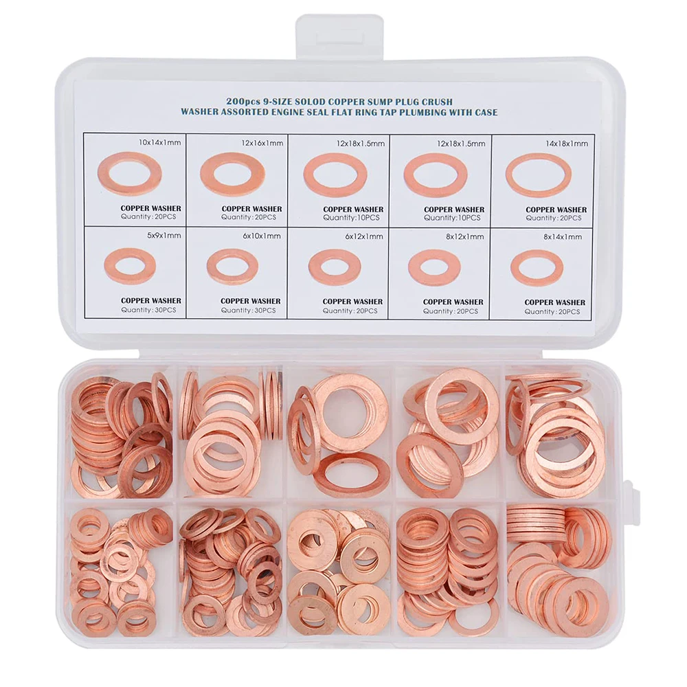 200 Pcs Copper Washers Engine Seal Flat Ring Gasket Fastener Metric ...
