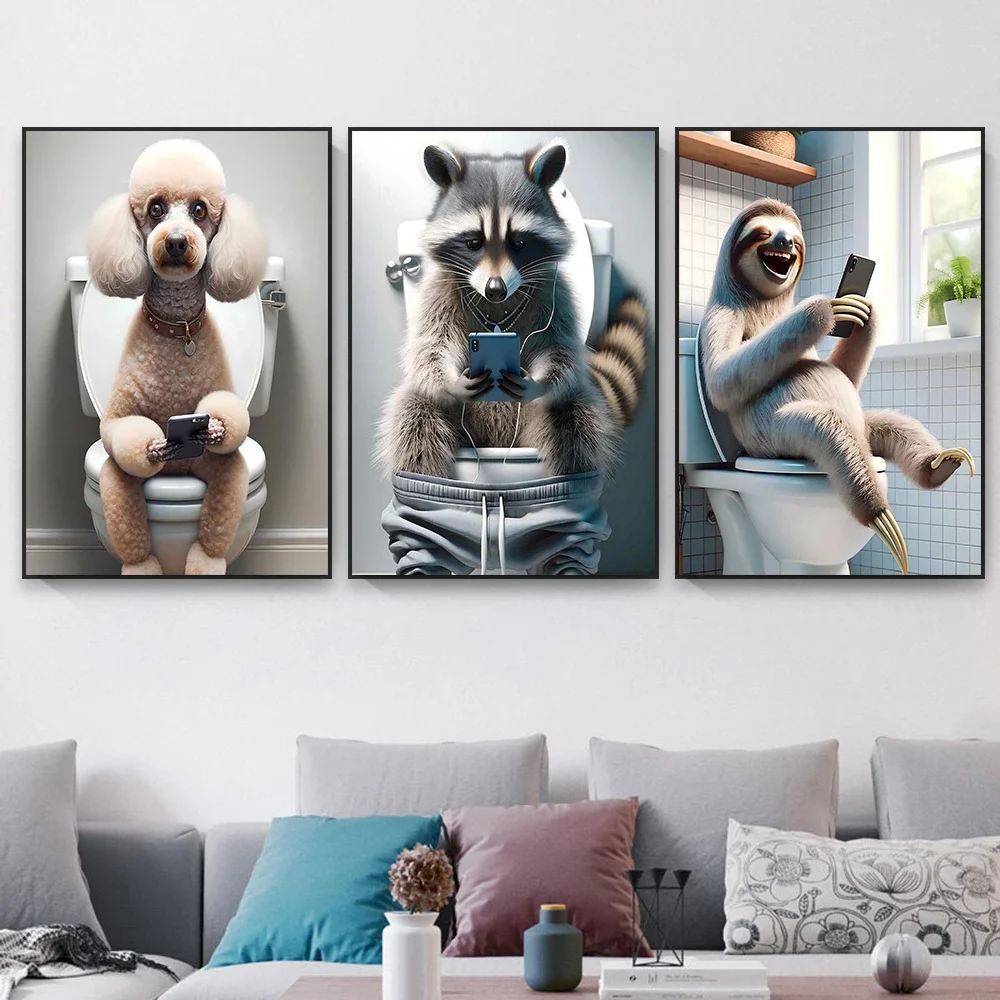 Funny-Animal-Poster-Poodle-On-The-Toilet-Print-Sloth-Raccoon-With-Cell ...